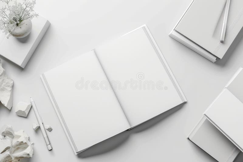 Minimalist Workspace with Open Blank Notebook Stock Image - Image of ...