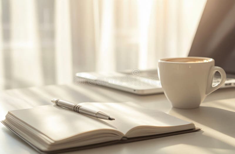 Minimalist Workspace with Open Notebook, Pen, and Coffee Stock ...