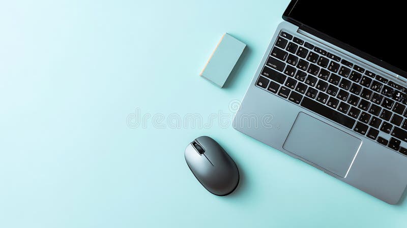 Minimalist Workspace Featuring Laptop,mouse and Notepad on Light Blue ...