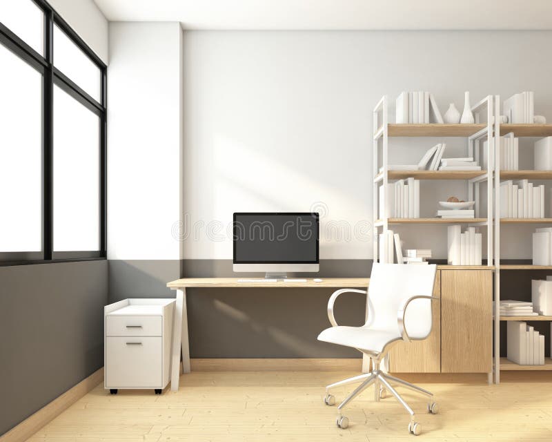Minimalist Workspace Room with Table and Chair, Desktop Computer, Shelf ...