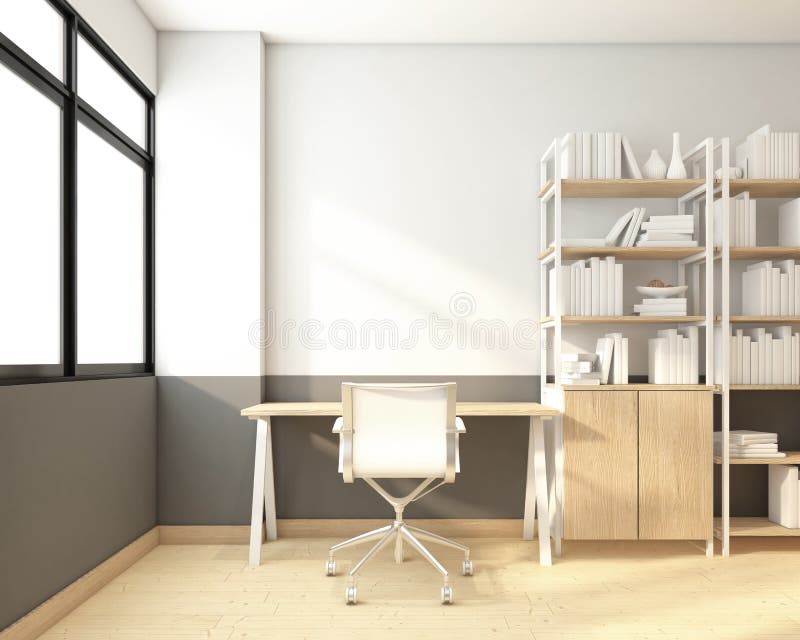 Minimalist Workspace Room with Table and Chair, Shelf and Cabinet. 3d ...