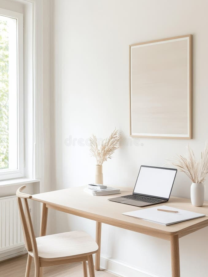 Minimalist Workspace with Sleek Desk and Artistic Decor. Stock ...