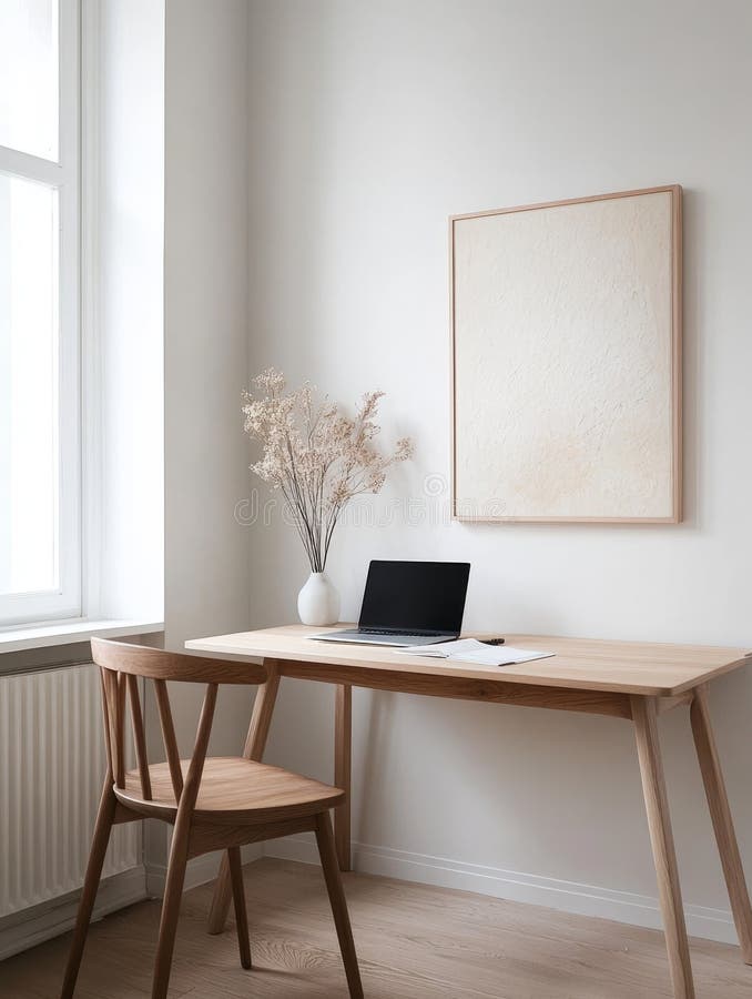 Minimalist Workspace with Sleek Desk and Artistic Decor. Stock ...