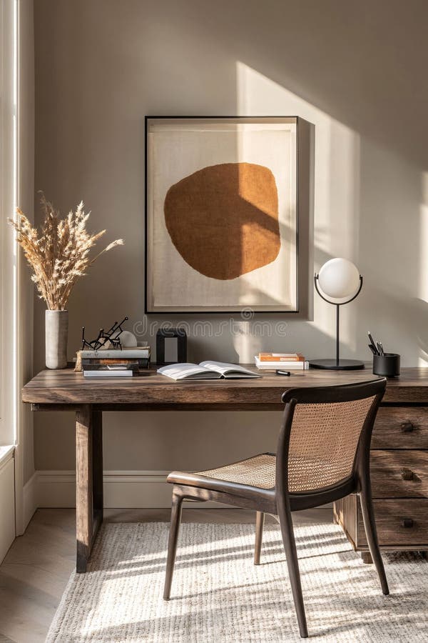 Minimalist Workspace with Sleek Desk and Modern Decor in Neutral Tones ...