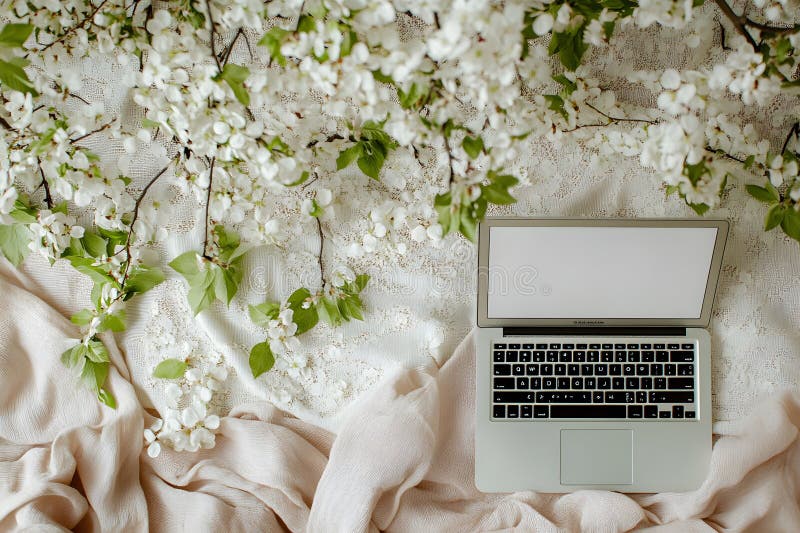 Minimalist Workspace with Soft Spring Decor and a Laptop on a Clean ...