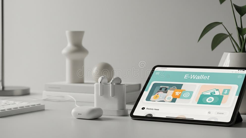 Minimalist Workspace with Tablet Displaying Illustrated E-Wallet ...