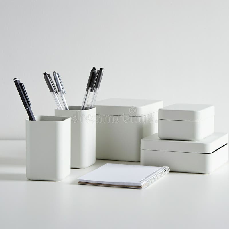 Minimalist Workspace with White Cylindrical Pen Holders Containing ...