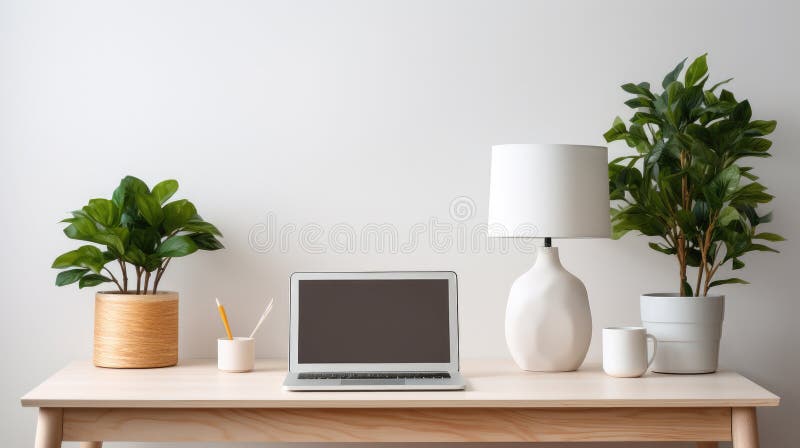 A Minimalist Workspace, White Desk with a Modern Lamp, Potted Flowers ...