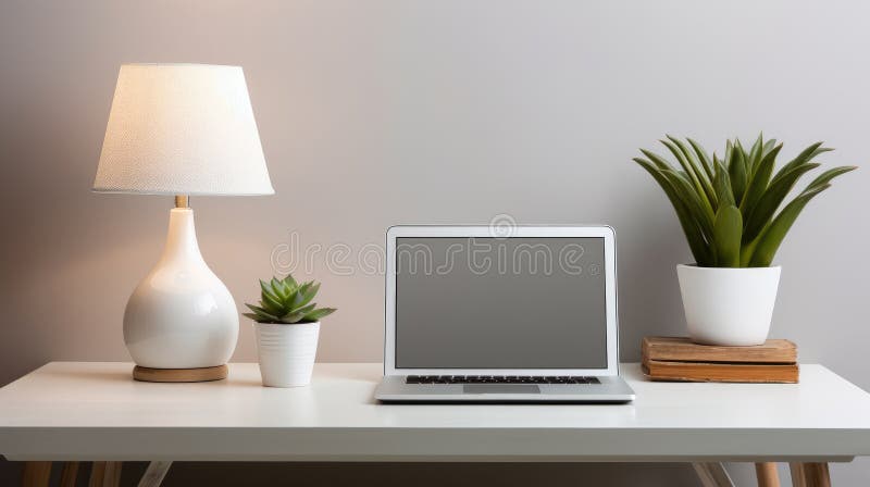 A Minimalist Workspace, White Desk with a Potted Succulents, Table Lamp ...