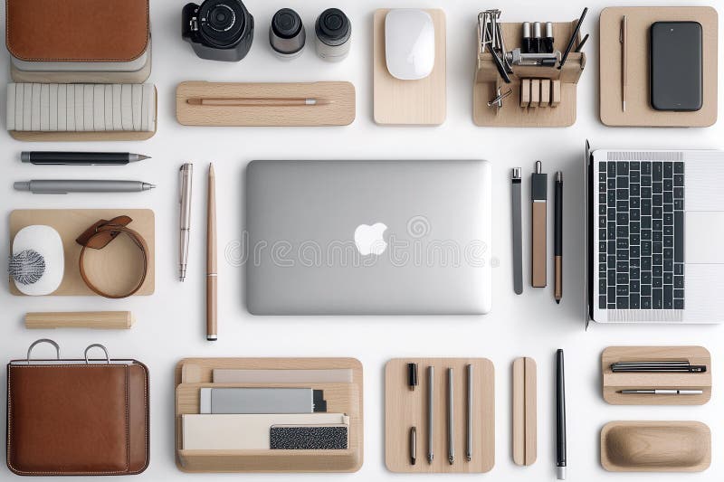 A Minimalist Workspace with Wooden Accessories and a Laptop Stock ...