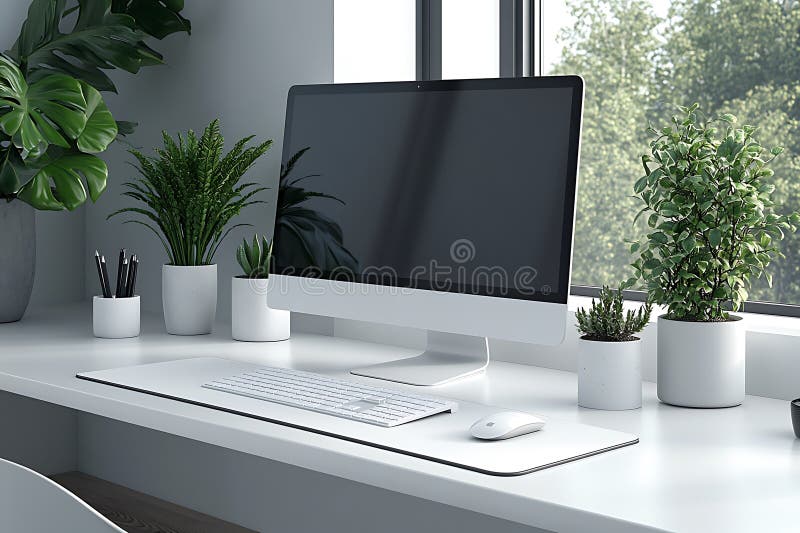 Sleek Computer Setup Features Vibrant Greenery Against a Bright Window ...