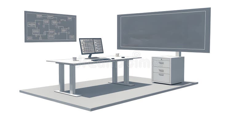 Sleek Modern Workspace with Dual Monitors, Flowchart, and Blank ...