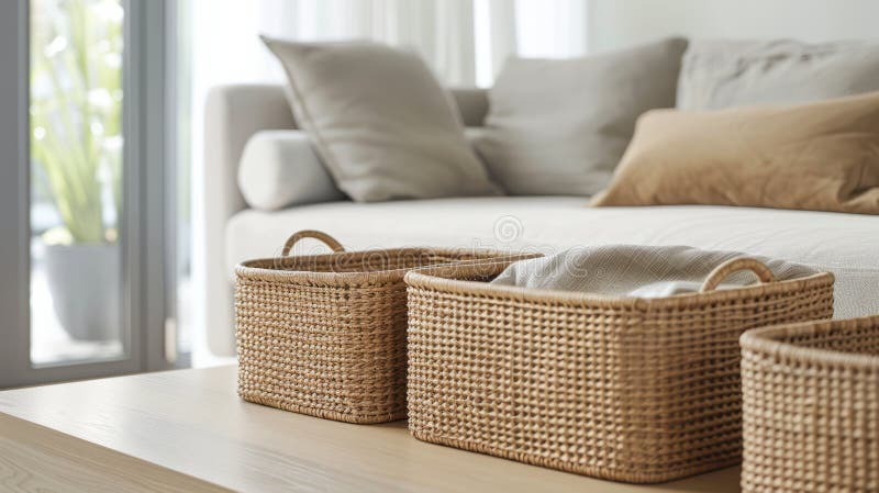 Minimalist Woven Storage Bins Stock Illustration - Illustration of room ...
