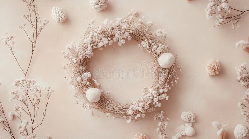 A Minimalist Wreath with Subtle Winter Elements Styled on a Pastel ...