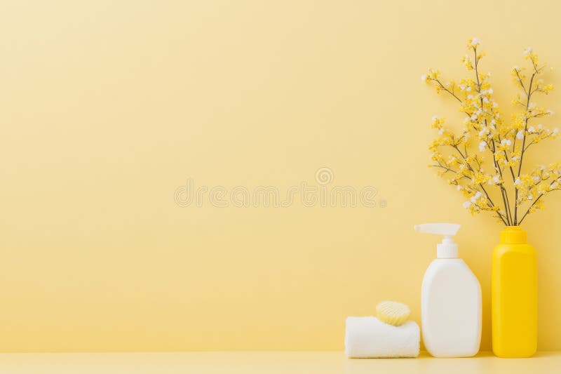 Minimalist Yellow Bath and Skincare Essentials with Flowers on Bright ...