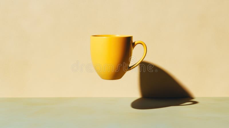 Minimalist Yellow Coffee Mug Casting Long Shadow on Beige Background ...