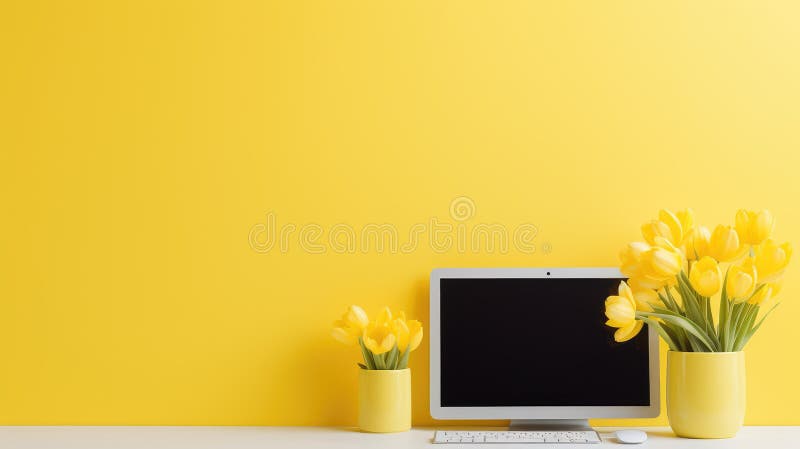 Minimalist yellow computer stock illustration. Illustration of setting ...