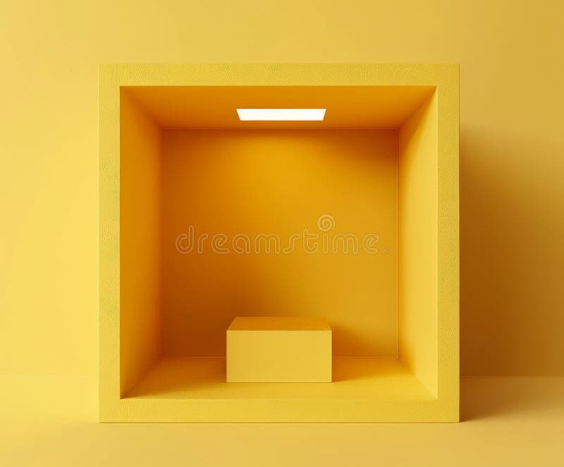 Minimalist Yellow Cube with Spotlight Illuminating a Small Platform ...