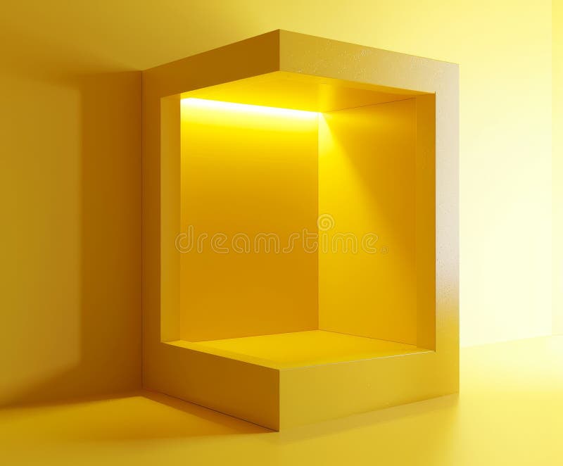 Minimalist Yellow Cube with Spotlight Illuminating a Small Platform ...