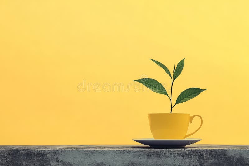 Minimalist Yellow Cup with a Tea Plant Sprout on a Yellow Background ...