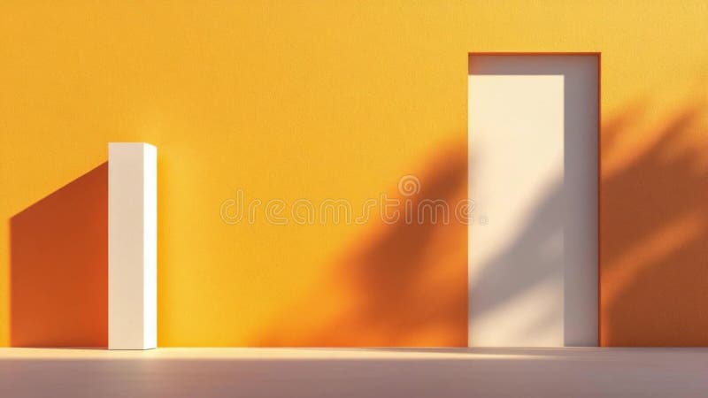Minimalist Yellow Wall with White Door and Pillar Casting Soft Shadow ...