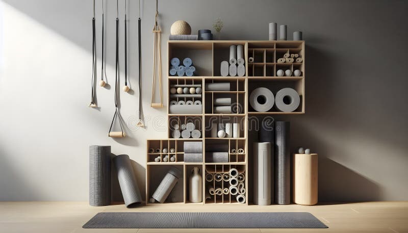 Minimalist Yoga Studio with Rolled Mats, Foam Rollers and Resistance ...