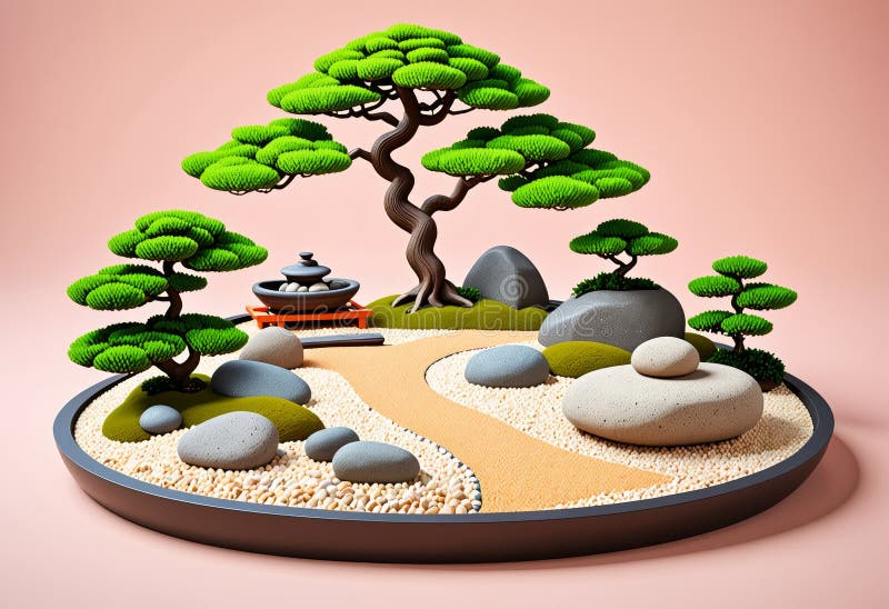 Minimalist Zen Garden with Bonsai Trees and Tranquil Stones on a Sandy ...