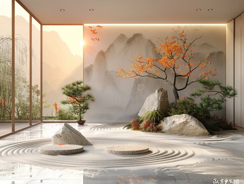 Minimalist Zen Garden with Raked Sand and Simple Stock Illustration ...