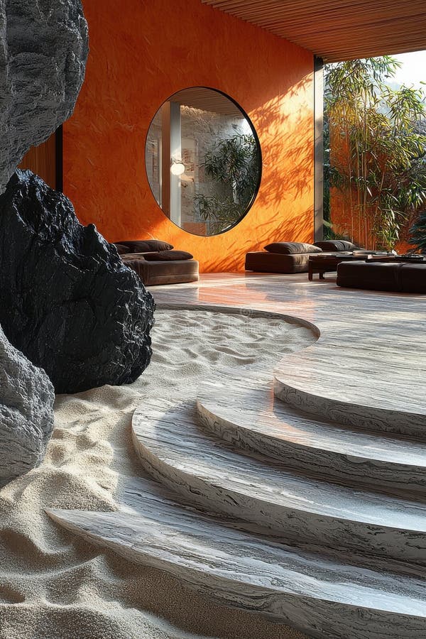 Minimalist Zen Interior with Circular Mirror and Natural Textures Stock ...