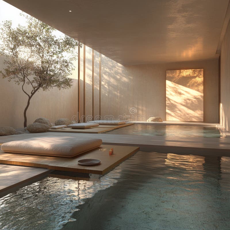 Minimalist Zen Spa Design with Pool and Cushioned Platforms Stock Photo ...