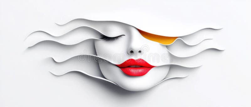 Minimalistic Abstract Portrait with Red Lips and Flowing White Layers ...