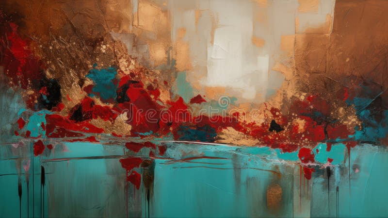 A Minimalistic Abstract Texture of Turquoise, Red and Gold Paint ...