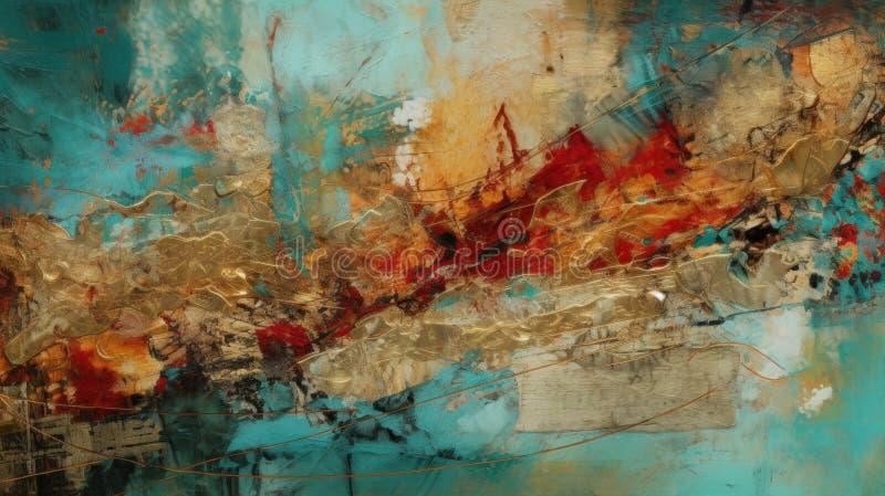 A Minimalistic Abstract Texture of Turquoise, Red and Gold Paint ...
