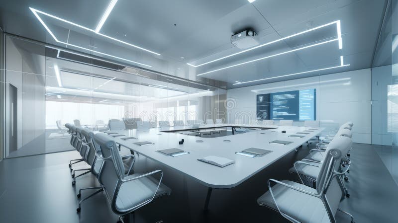 Minimalistic AI Conference Room with Smart Tables, Interactive ...