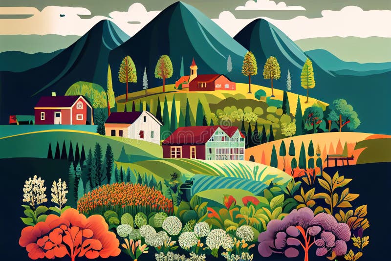 Minimalistic Anime Rural Landscape Fields Mountains and Flowers ...