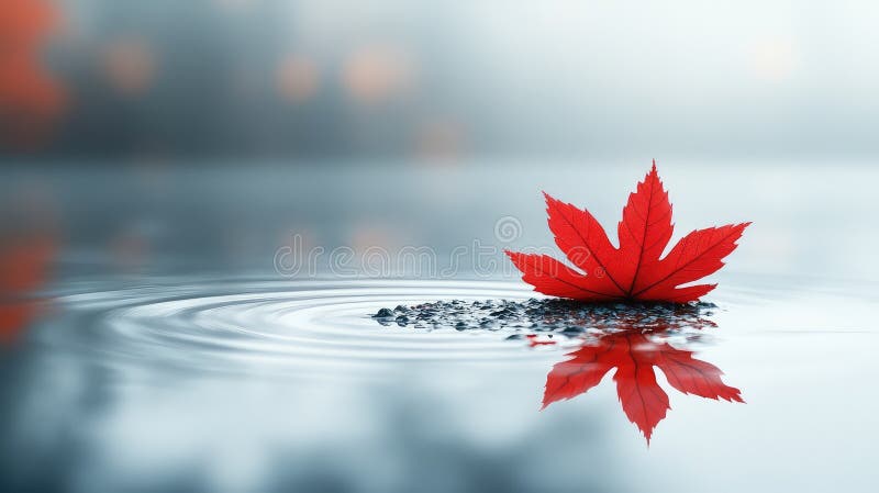 Minimalistic Background with a Red Maple Leaf Reflection on a Calm ...
