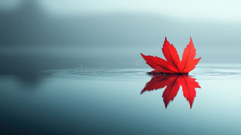 Minimalistic Background with a Red Maple Leaf Reflection on a Calm ...