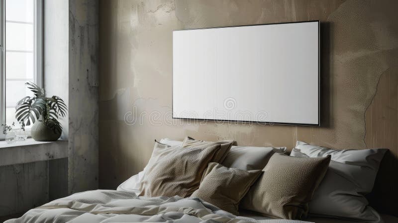 A Minimalistic Bedroom with a Blank TV Screen Mounted on the Wall, and ...