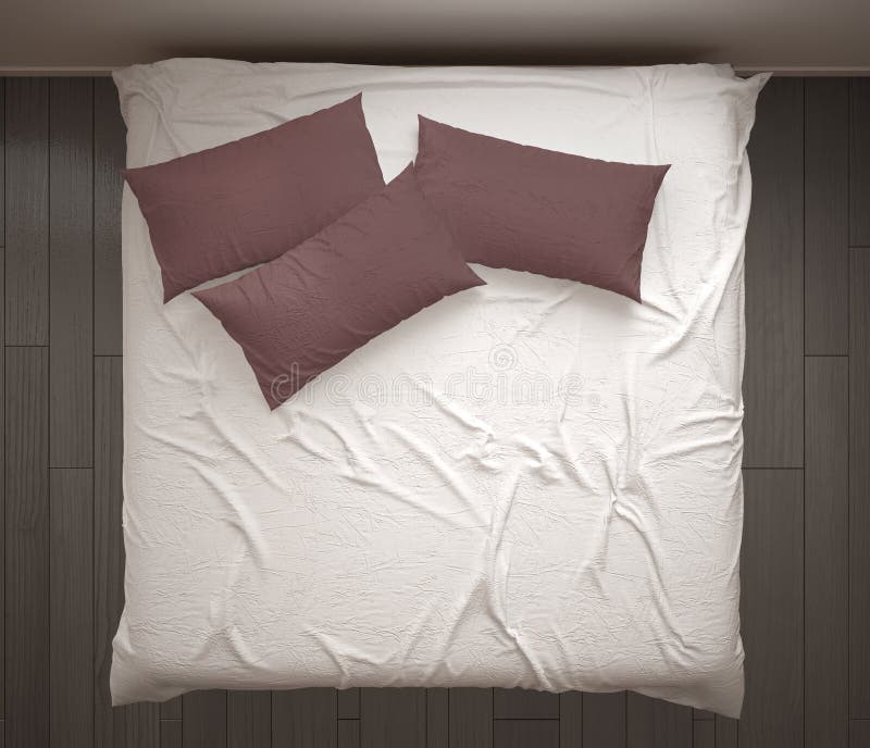 Minimalistic Bedroom, Top View, Closeup on Double White and Red Bed ... Minimalistic Bedroom, Top View, Closeup on Double White and Red Bed ...