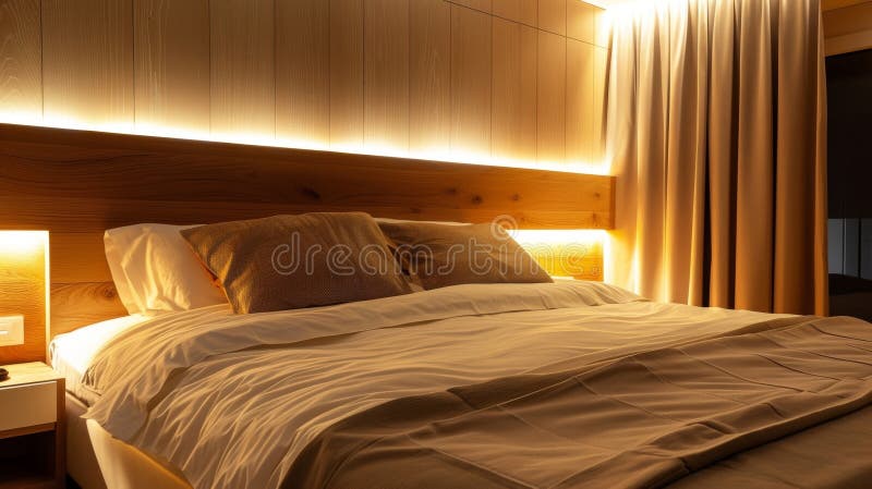 A Minimalistic Bedroom with a Warm Backlight Behind the Headboard ...