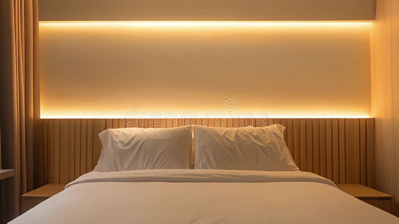 A Minimalistic Bedroom with a Warm Backlight Behind the Headboard ...