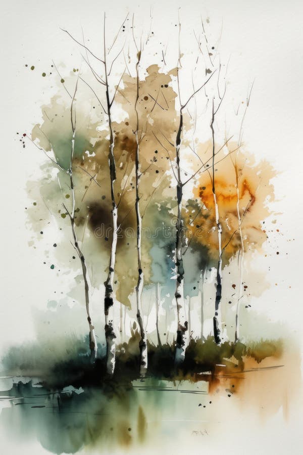 Minimalistic Birch Trees Painting in Watercolor Style. Stock ...
