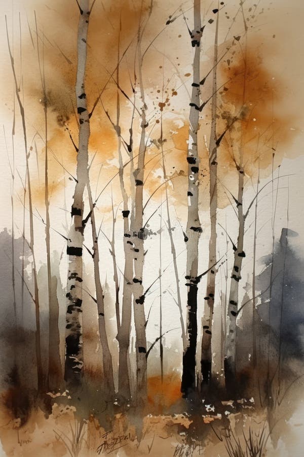 Minimalistic Birch Trees Watercolor Painting. Stock Illustration ...
