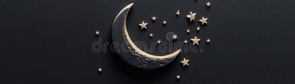 Minimalistic Black Crescent Moon Accompanied by Tiny White Stars ...