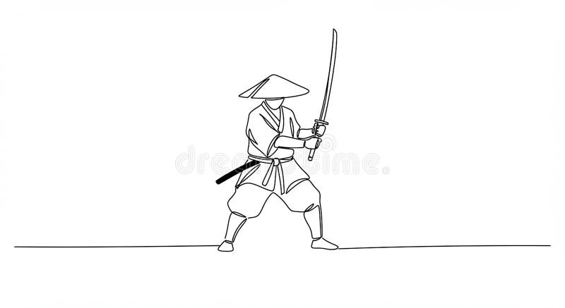 A Minimalistic Black Line Drawing of a Samurai Poised in a Traditional ...