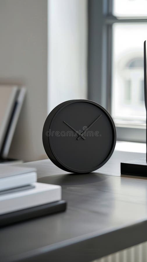 Minimalistic Black Round Clock on Modern Desk in Daylight, Contemporary ...