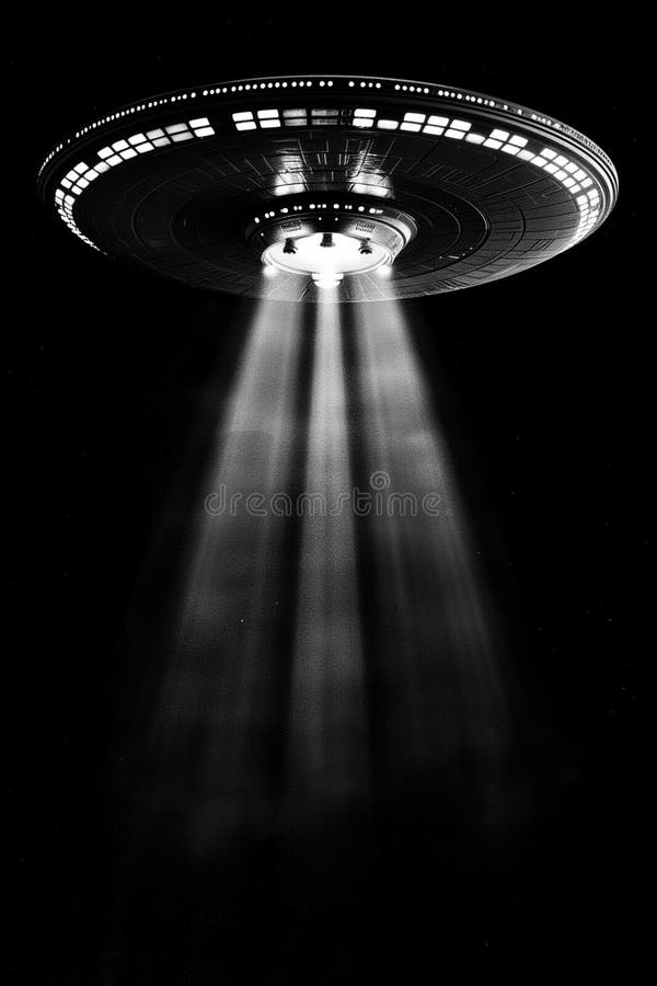 Minimalistic Black and White Sci-fi Illustration with UFO Light Beam ...