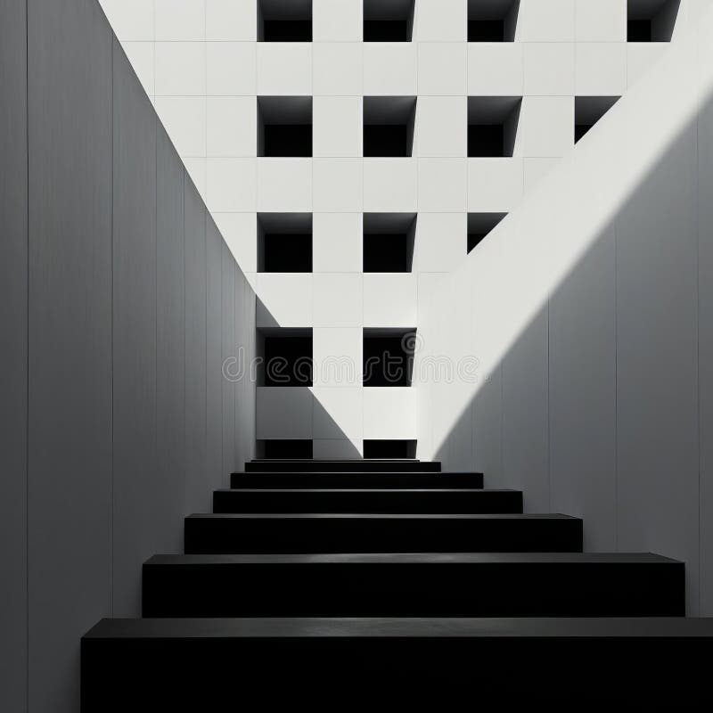 Minimalistic Black and White Staircase with Grid Pattern Walls Stock ...