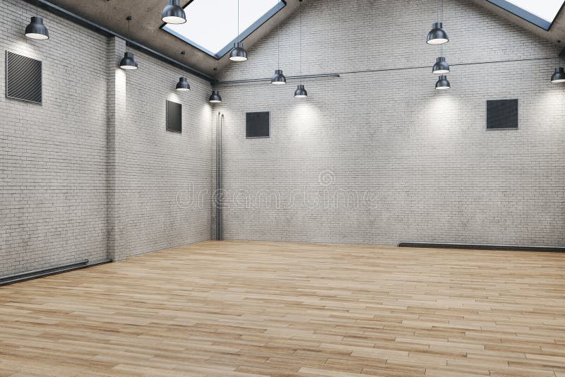 Minimalistic Brick Warehouse Interior with Wooden Floor Stock ...