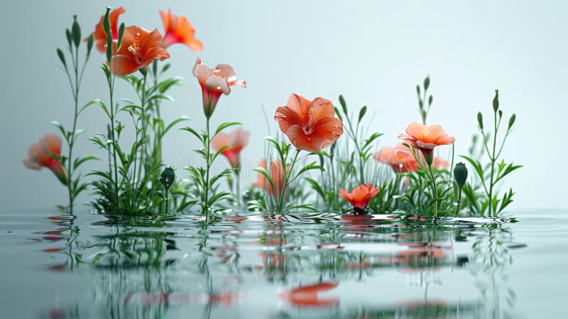 Minimalistic Bright Background with Floating Flowers and Plants in ...
